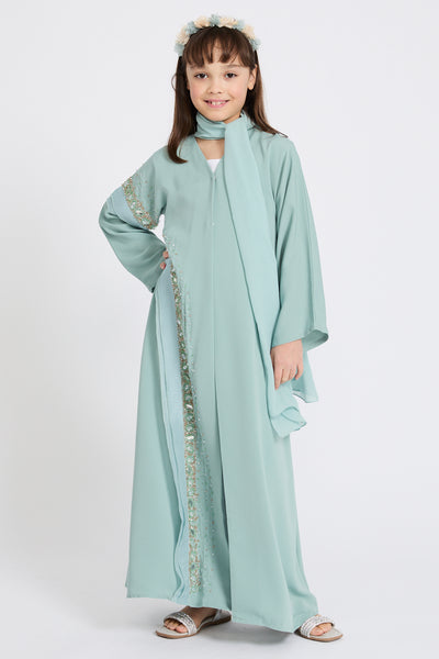 Junior Girls Premium Aurora Jewel Open Abaya with Organza Detail - Min – AbayaButh