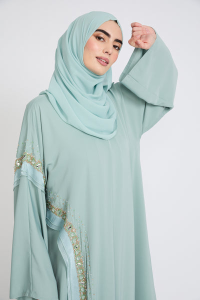 Premium Aurora Jewel Open Abaya with Organza Detail - Minted Blossom – AbayaButh