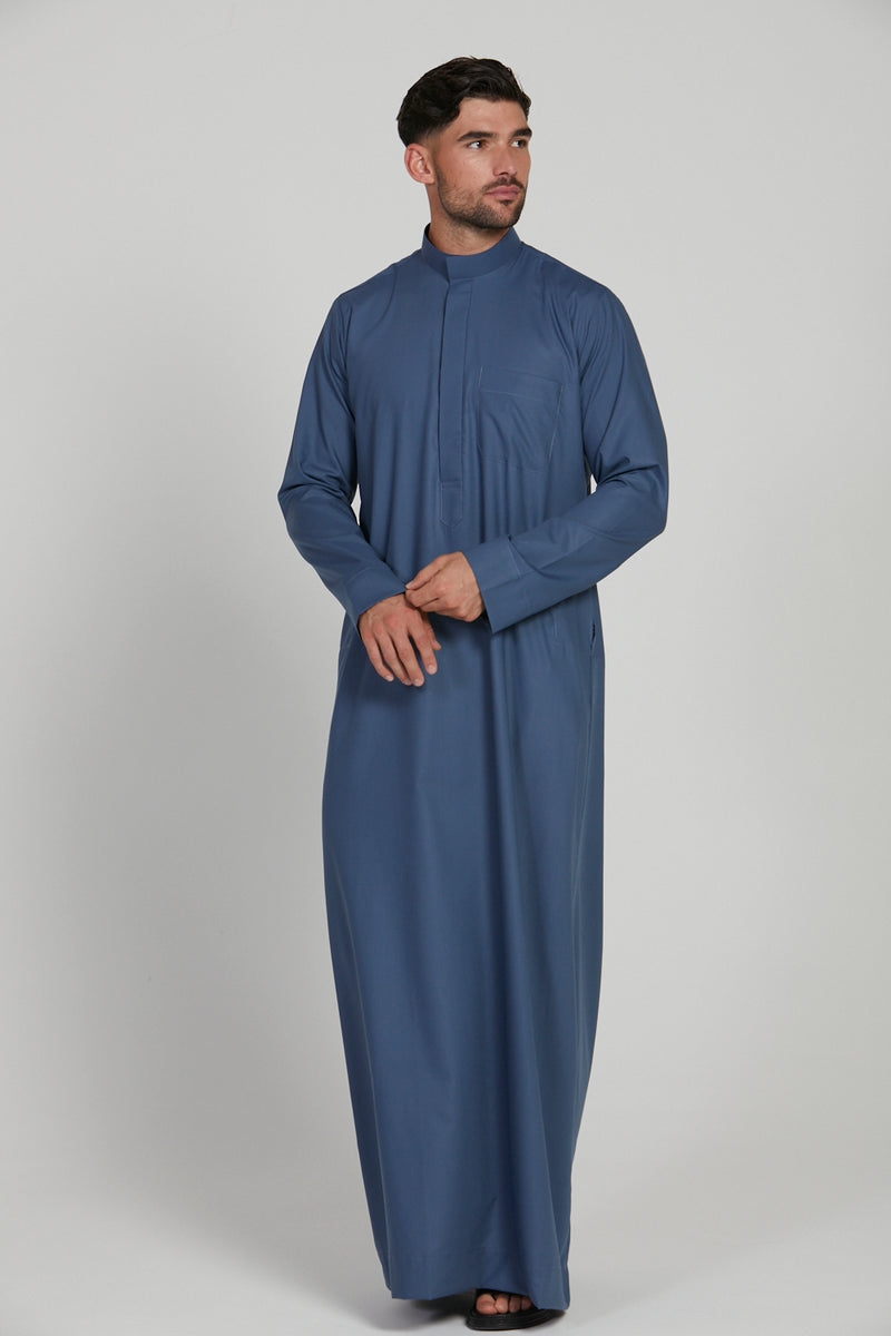 Men's Blue Horizon Kuwaiti Thobe with Pocket - Slim & Standard Fit