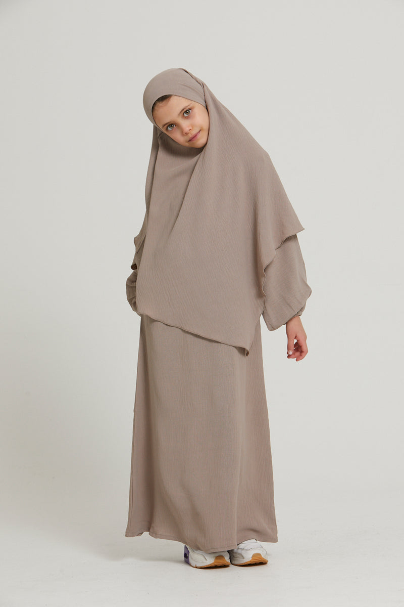 Junior Girls Abaya with Khimar Set - Natural