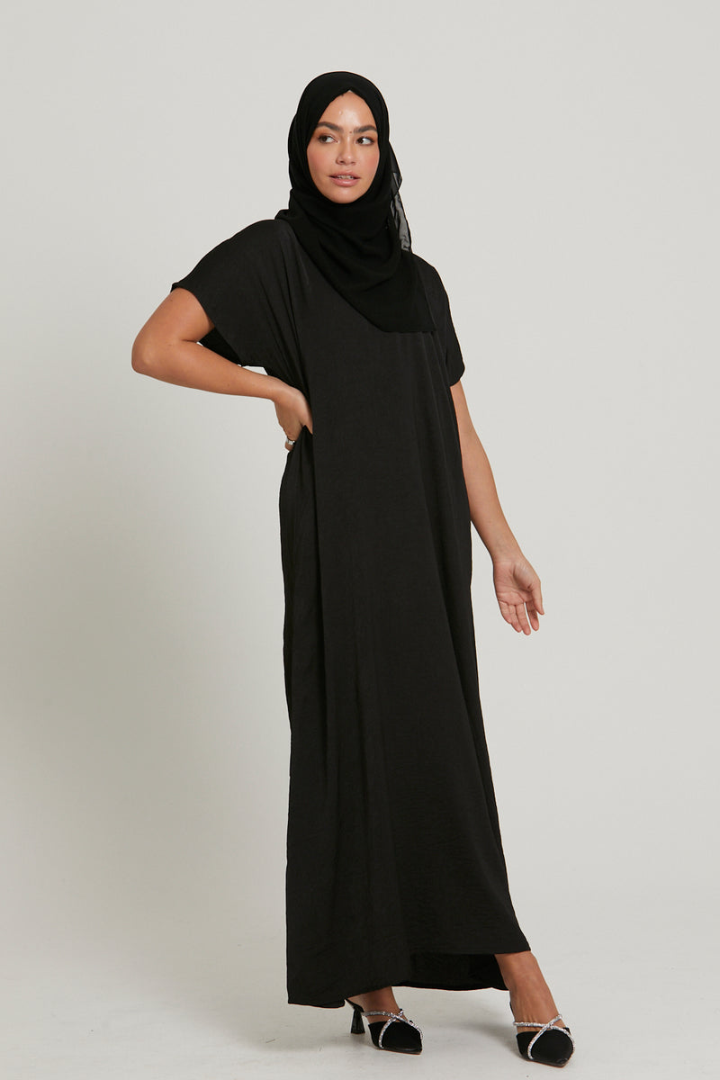 Premium Soft Sheen Crush Inner Slip Dress - Black