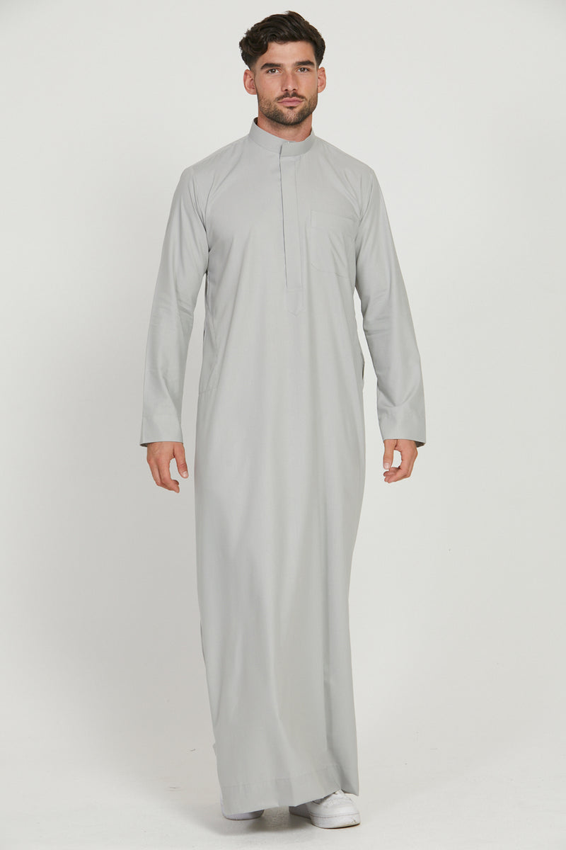 Men's Mist Grey Kuwaiti Thobe with Pocket - Slim & Standard Fit