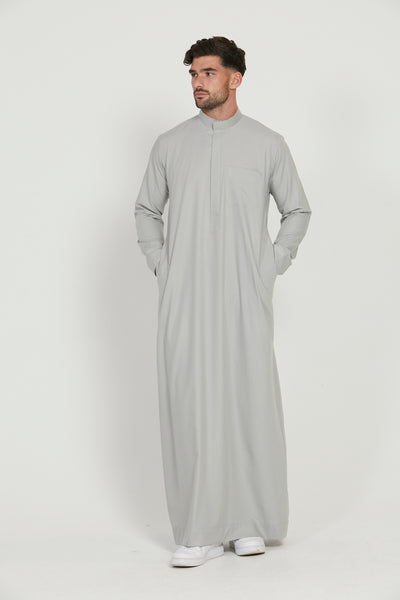 Men's Mist Grey Kuwaiti Thobe with Pocket - Slim & Standard Fit – AbayaButh
