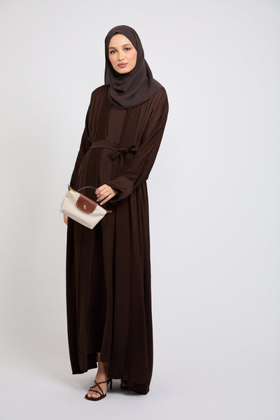 Four Piece Soft Sheen Open Abaya Set - Dark Brown – AbayaButh