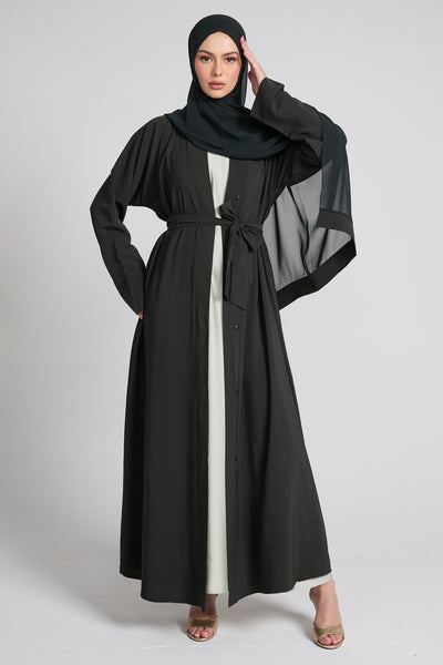 Premium Marble Crush Textured Open Abaya – Shadow Olive – AbayaButh