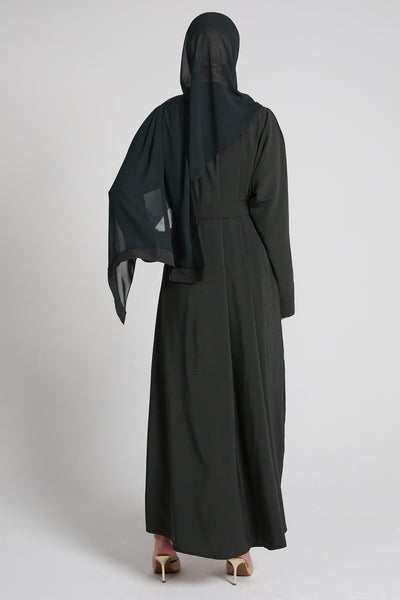 Premium Marble Crush Textured Open Abaya – Shadow Olive – AbayaButh