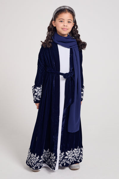 Junior Girls Premium Velvet Open Abaya with Lace and Pearls – AbayaButh