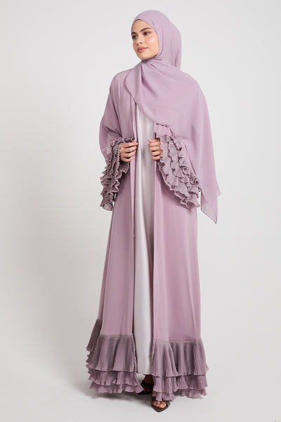 Premium Duchess Ruffle Open Abaya - Lilac Mist – AbayaButh