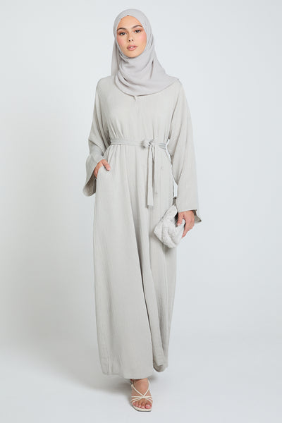 Premium Textured Linen Blend Open Abaya with Pockets - Moonstone Mist ...