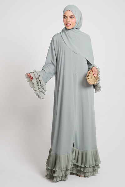 Premium Duchess Ruffle Open Abaya - Sage Grey – AbayaButh