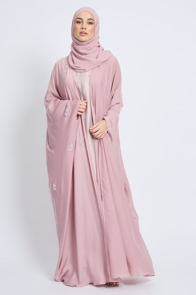 Premium Embellished Blush Pink Open Farasha – AbayaButh