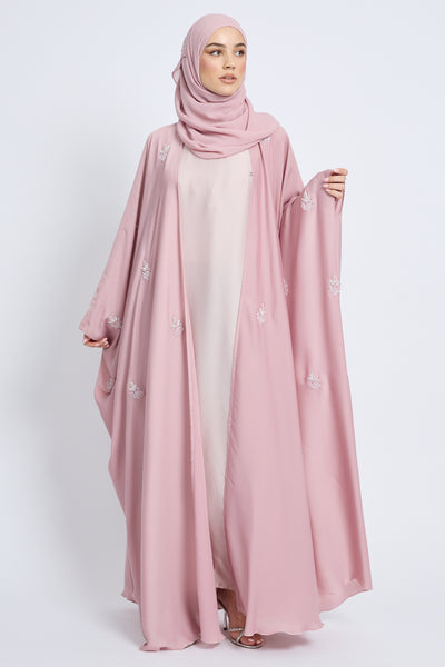 Premium Embellished Blush Pink Open Farasha – AbayaButh