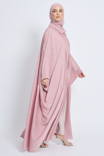 Premium Embellished Blush Pink Open Farasha – AbayaButh