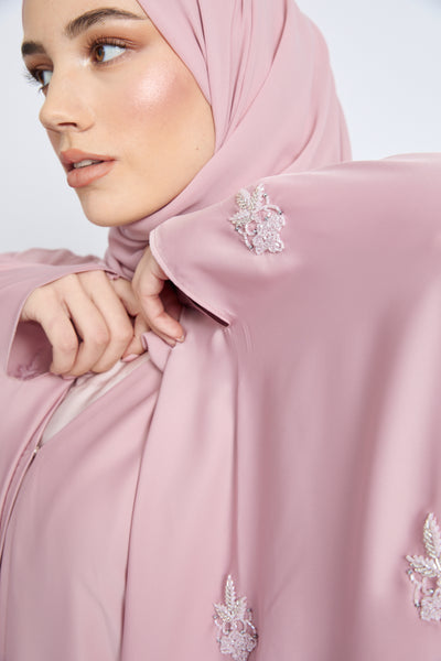 Premium Embellished Blush Pink Open Farasha – AbayaButh