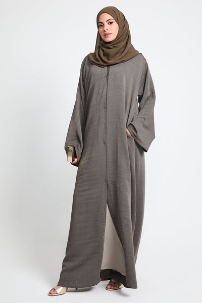 Premium Textured Linen Blend Open Abaya with Pockets - Olive Brown ...