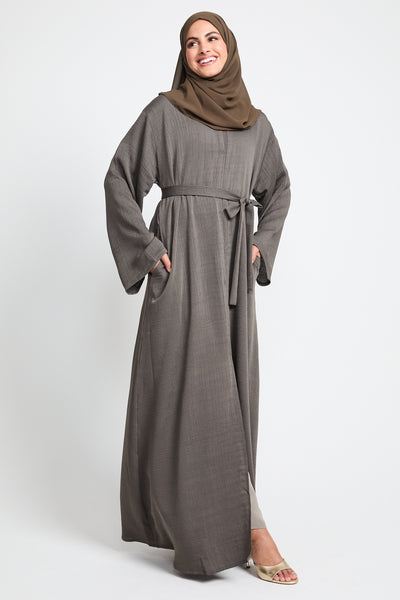 Premium Textured Linen Blend Open Abaya with Pockets - Olive Brown ...