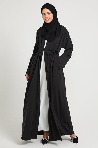 Premium Marble Crush Textured Open Abaya With Pockets – Black – AbayaButh