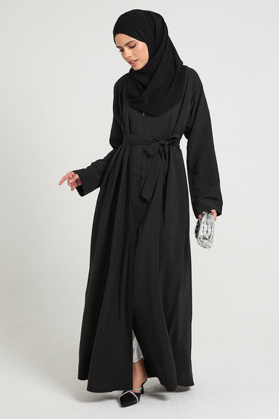 Premium Marble Crush Textured Open Abaya With Pockets – Black – AbayaButh