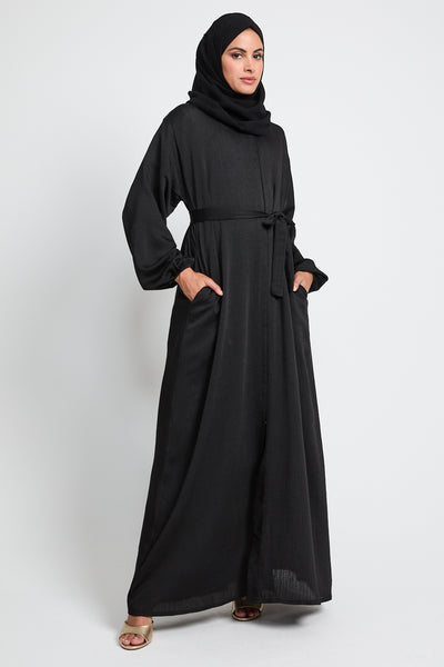 Premium Textured Linen Blend Open Abaya with Pockets - Black – AbayaButh